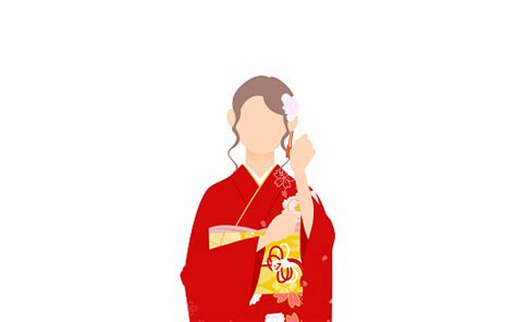 Furisode 를 착용 한 기모노에있는 여성이 머리를 고치기 위해 잠시 멈춥니 다 Seijin No Hi에 대한 스톡 벡터