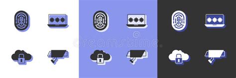 Set Security Camera Fingerprint Cloud Computing Lock And Laptop With Password Icon Vector