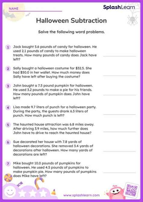 Subtract Decimal Numbers With 1 Decimal Place Halloween Word Problems