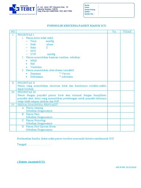 Formulir Kriteria Pasien Masuk Icu Pdf