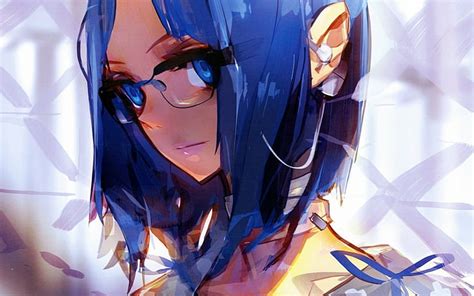 Hd Wallpaper Anime Anime Girls Glasses Blue Hair Blue Eyes
