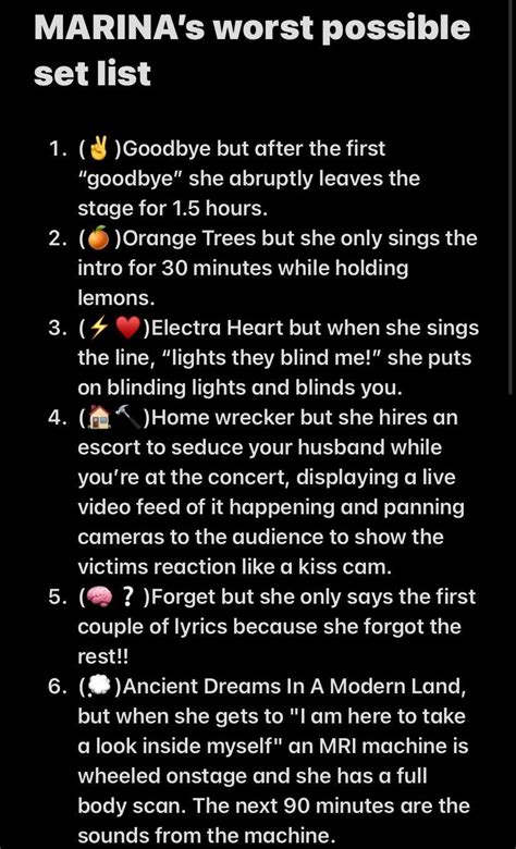 Marinas Worst Possible Set List Complete Rmarinaandthediamonds