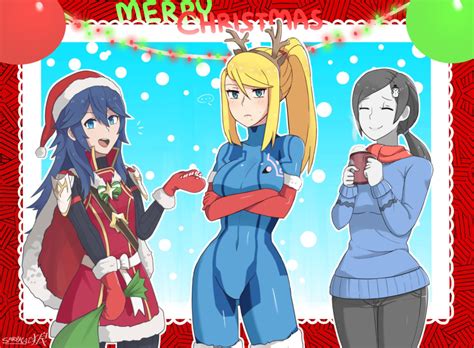 Safebooru 3girls Adult Black Hair Blue Hair Christmas Fire Emblem