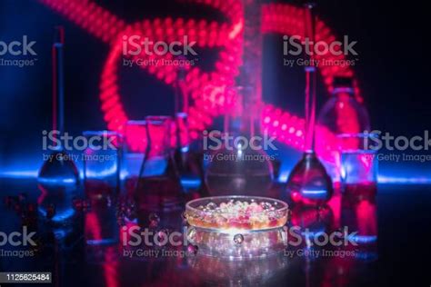 약국 및 화학 테마입니다 연구 실험실에서 유리 플라스 크 솔루션을 테스트 합니다 과학 및 의료 배경입니다 어두운 톤 배경에 실험실 테스트 튜브 Stem 주제에 대한 스톡