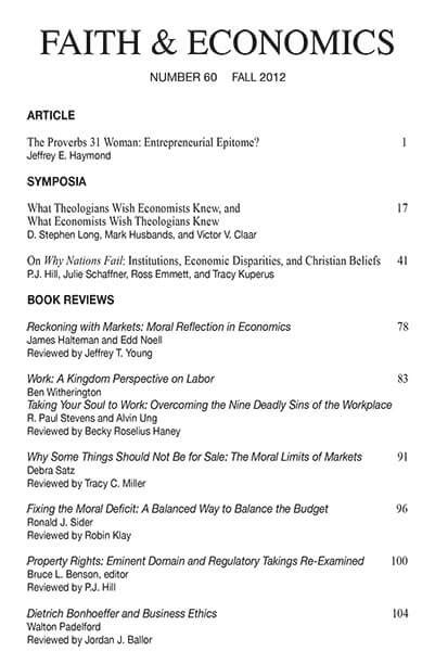 Faith And Economics Issue 60 Fall 2012 The Association Of Christian