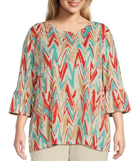 Multiples Plus Size Slub Knit Abstract Print Scoop Neck 3 4 Ruffle