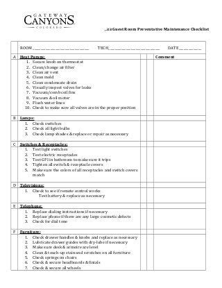 Guest Room Preventative Maintenance Checklist Maintenance Checklist