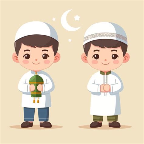 귀여운 무슬림 아이가 이드 무바라크 때 프리미엄 벡터