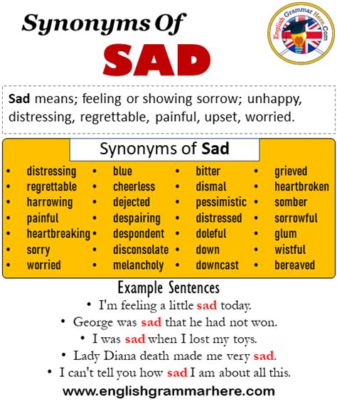 Synonyms Of Sad 28 Sad Synonyms Words List Meaning And Example Sentences English Grammar Here