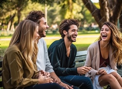 Premium Ai Image A Group Of Friends Sitting On A Bench In The Park Laughing And Talking Mental