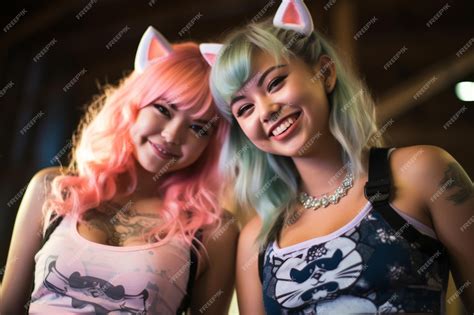 Premium Photo Two Young Women With Pink Hair And Cat Ears