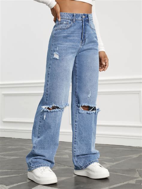 Shein Ezwear High Waist Ripped Wide Leg Jeans Shein Uk