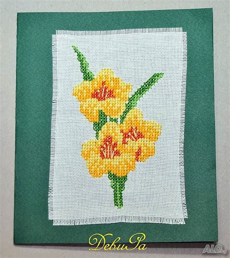 Картичка с бродерия Жълти гладиоли” Гоблени Павликени Красоти рисувани с конци