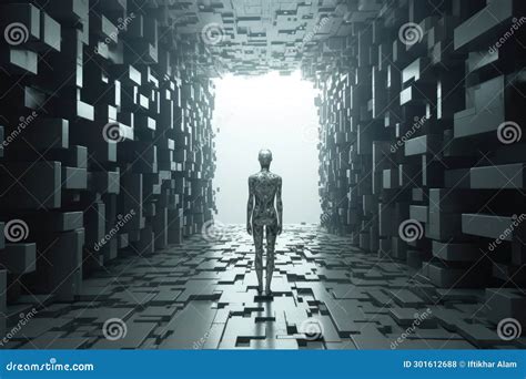 Futuristic Corridor With A Man In Front Of It 3d Rendering Humanoid