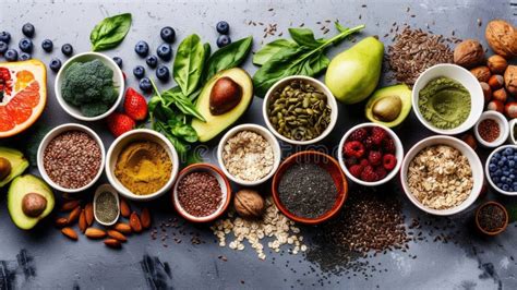 A Variety Of Fruits And Vegetables Are Displayed In Bowls On A Counter