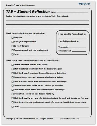 Take A Break Tab Reflection Tool For Students School Counseling