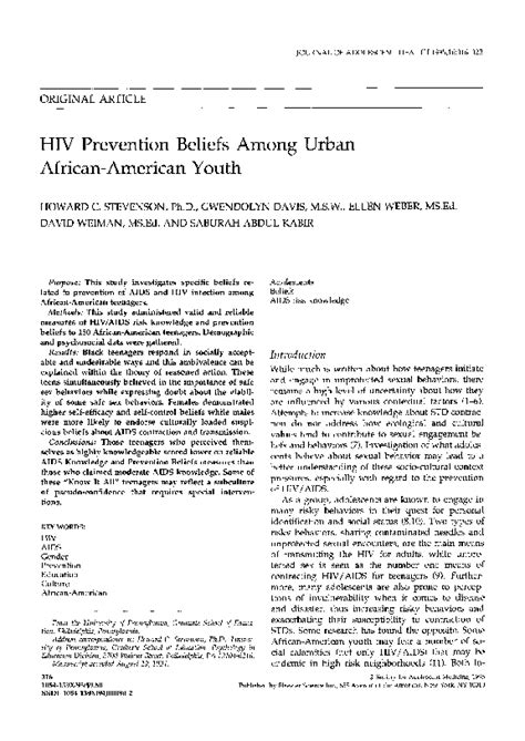 Pdf Hiv Prevention Beliefs Among Urban African American Youth