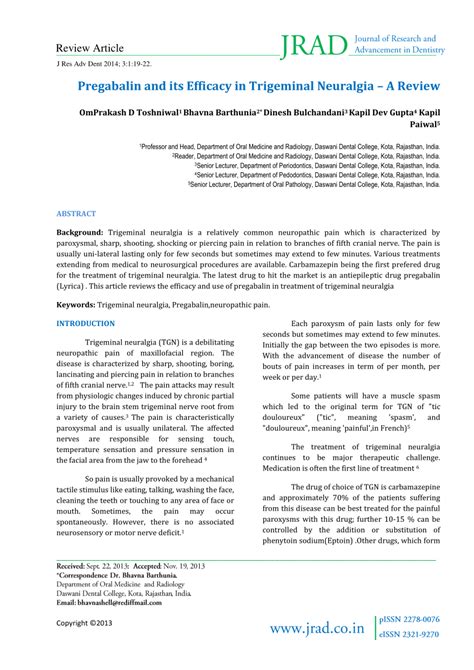 Pdf Pregabalin And Its Efficacy In Trigeminal Neuralgia A Review