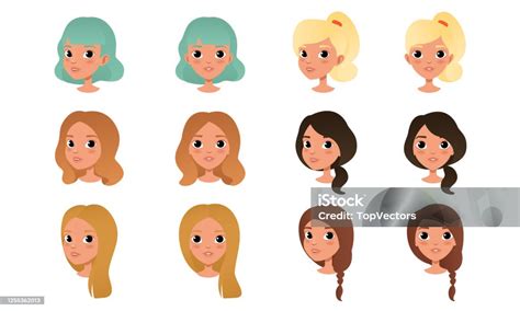 귀여운 여자 세트의 머리 다양한 헤어 스타일 만화 스타일 벡터 일러스트와 아름다운 여성 캐릭터 갈색 머리에 대한 스톡 벡터 아트 및 기타 이미지 Istock