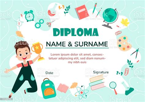 학교 팩 키트와 유치원 또는 초등학교 학년의 어린이와 어린이를위한 학교 학생 및 유치원을위한 귀여운 졸업장 증명서 템플릿 아이에 대한 스톡 벡터 아트 및 기타 이미지
