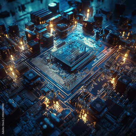 closeup cpu and digital circuit with microchip hardware and