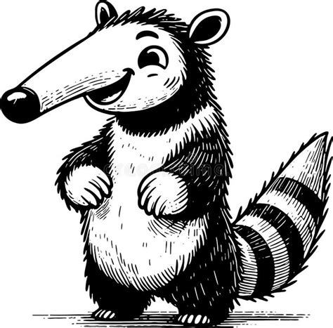 Cheerful Anteater Stands On Its Hind Legs Vector Monochrome Drawing