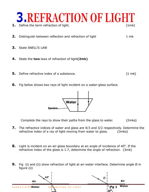 3 2 Refraction OF Light 1 Define The Term Refraction Of Light 1mk