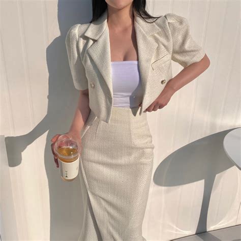 리아 트위드 자켓 슬릿 스커트 셋업 반팔 퍼프 롱 하객룩 크롭 숏 머메이드 예복 상견례 세트 Set 투피스