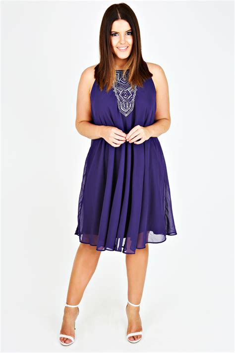 Purple Chiffon Sleeveless Swing Dress With Silver Embellishment Plus