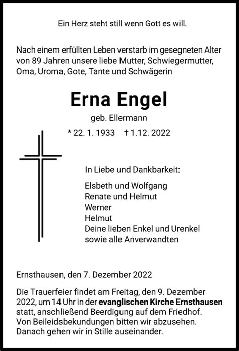 Traueranzeigen Von Erna Engel Trauer HNA De