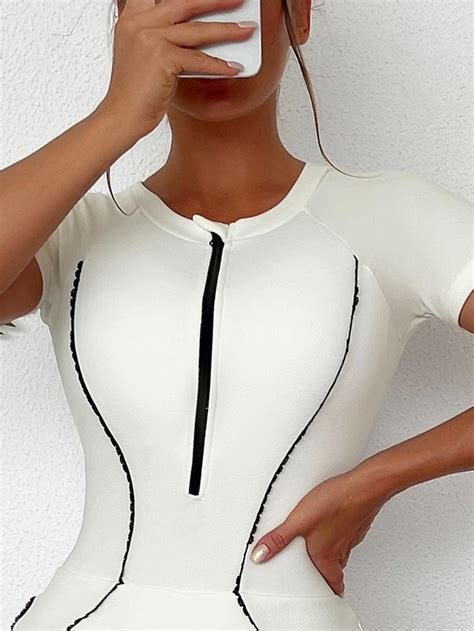 Contrast Binding Zipper Front One Piece Swimsuit Shein Usa