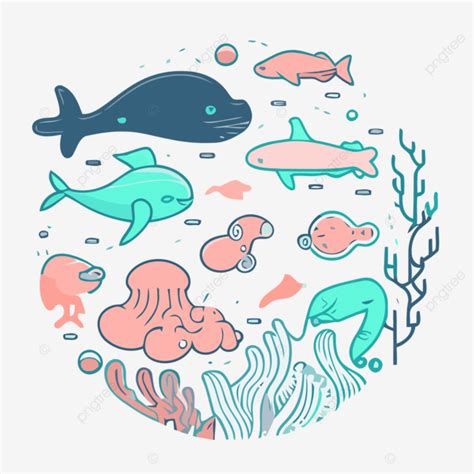 塗鴉風格的水下動物插畫在一圈 向量 白色背景上描繪海洋生物的直線圖標 平面圖標和 Dribbble 的矢量插圖 行為高清向量圖案素材免費