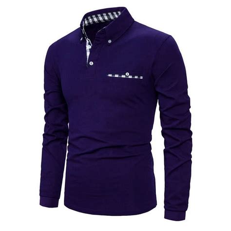 Mlanm Mens Casual Long Sleeve Plaid Collar Polo Shirt Slim Fit Basic