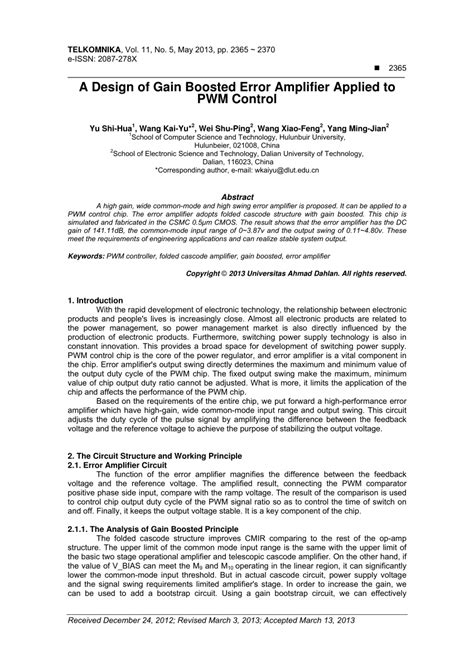 Pdf A Design Of Gain Boosted Error Amplifier Applied To Pwm Control