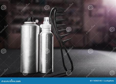 Tin Bottles Of Hair Treating Sprays With Hairbrush Stock Image Image