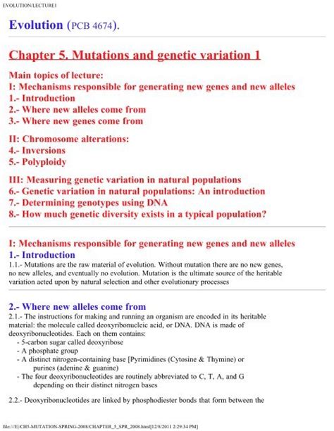 Evolution PCB 4674 Chapter 5 Mutations And Genetic Variation 1