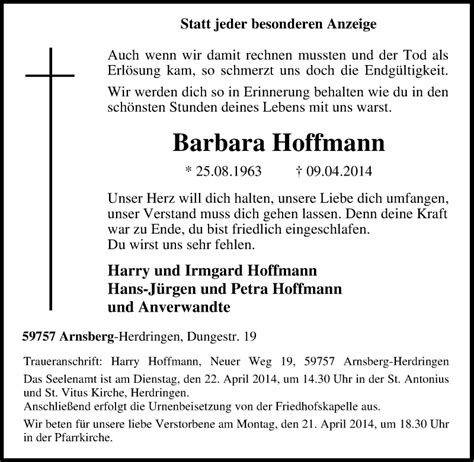 Traueranzeigen Von Barbara Hoffmann Trauer In Nrwde