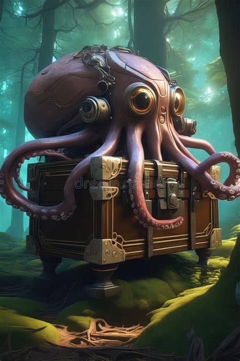 Biomechanical Steampunk Creature With Robotic Parts Eyes Guarding An Ancient Chest In A Mystic