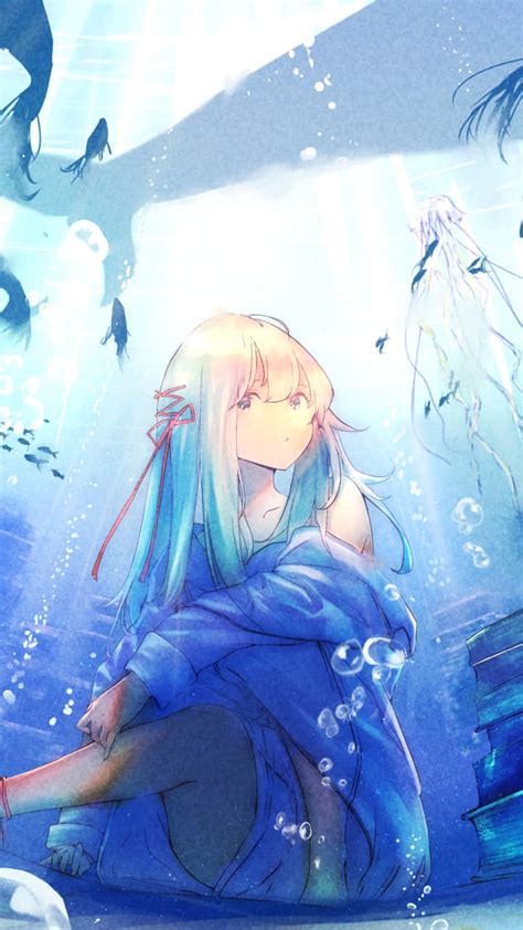 Download Blue Bubble Anime Girl Undewater Wallpaper