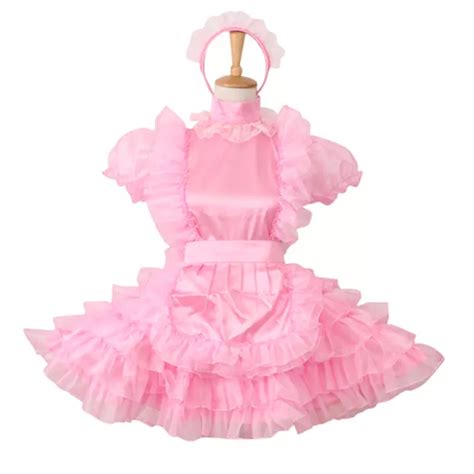 Lockable Sissy Maid Pink Satin Organza Dress Uniform Cosplay Costume