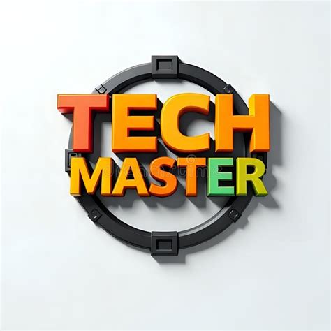 A Tech Master Logo With Orange And Green Letters On A Black Circle Stock Illustration
