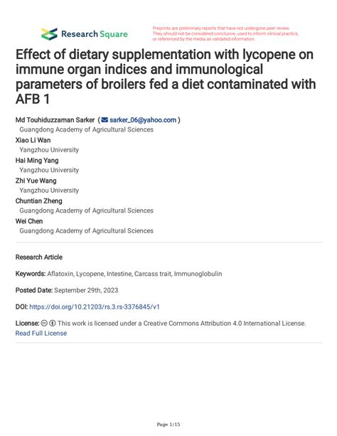 Pdf Effect Of Dietary Supplementation With Lycopene On Immune Organ