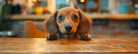 Dachshund Puppy Eagerly Waits At Dining Table Displaying Proper