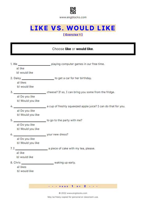 Like Vs Would Like — Exercise 1 Esl Worksheets