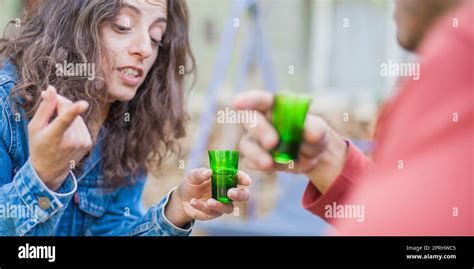 Very Drunk Couple A Boy And A Girl Drink A Strong Alcoholic Shot