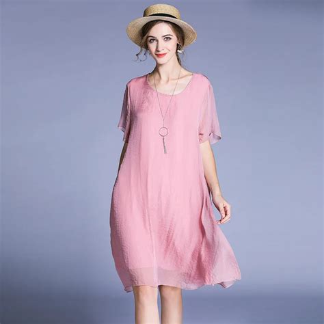 2019 Summer Silk Chiffon Loose Dresses Plus Size O Neck Short Sleeves