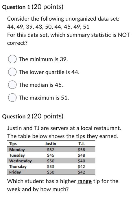 Answered Question 1 20 Points Consider The Following Unorganized Data