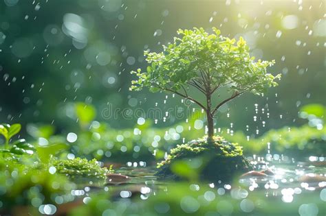 Serene Miniature Bonsai Tree In Rainfall With Bokeh Background Nature
