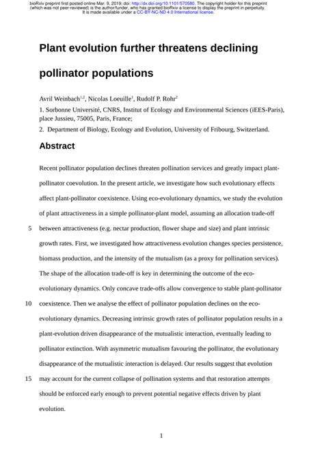 Pdf Plant Evolution Further Threatens Declining Pollinator Populations