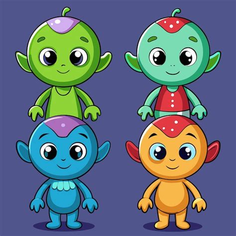 Four Cute Alien Characters With Different Colors And Expressions